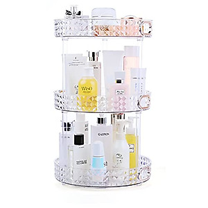 ROWNYEON Rotating Makeup Organizer 3 Tier Makeup Carousel with Handle, Bathroom Organizer Diamond Texture Perfume Organizer Spinning Cosmetics Organizer for Vanity, Pantry, Countertops, Kitchen