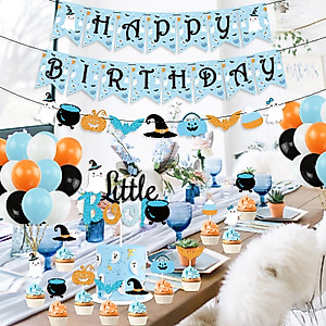 Blue Halloween Baby Shower Decorations, Boys Halloween Happy Birthday Banner Ghost Little Boo Cake Topper & Balloons for Halloween Theme Baby Shower The Spooky One Happy Boo Day Party Supplies