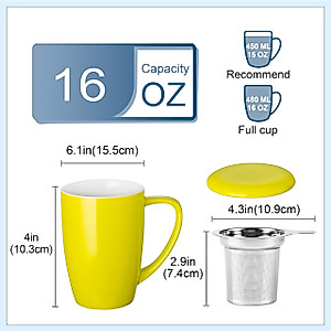 LOVECASA 16 OZ Tea Mug with Infuser and Lid, Tea Infuser Mug with Handle Ceramic Mug with Filter for Tea, Milk, Coffee, Loose Leaf Tea Infusers, Lemon Yellow