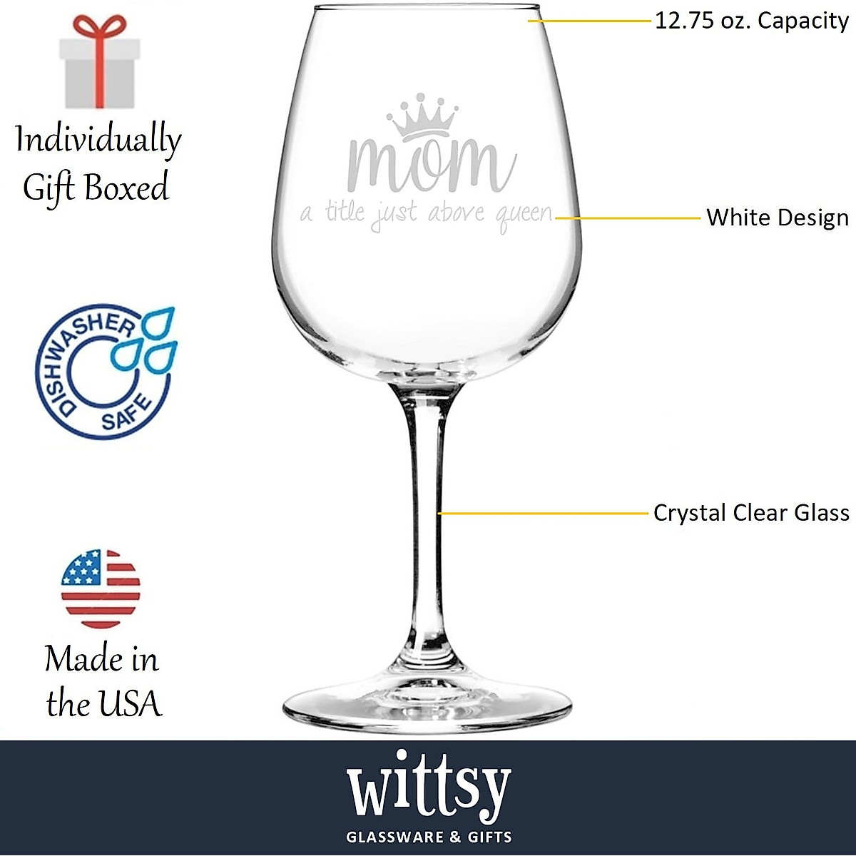 Mom, Queen Wine Glass - Birthday Gifts for Mom - Best Mom Gifts from Son, Daughter, Kids - Unique Gift for Women, Wife - Fun Novelty Bday, Birthday Present Idea for New Mother, Parent, Friend, Sister