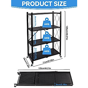 Lanstics 4 Tier Foldable Folding Shelves Heavy Duty Storage Shelving with Wheels Metal Shelf Standing Shelves Units for Home Kitchen Living Room Black