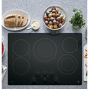 GE PP7030DJBB 30 Inch Electric Cooktop with 5 Radiant, Bridge SyncBurners, 9/6 Inch Power Boil Element, Keep Warm Setting, Red LED Backlit Knobs, ADA Compliant Fits Guarantee