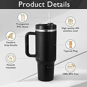 Ochapa 40 oz Tumbler with Handle Straw Lid Insulated Stainless Steel Vacuum Reusable Keep Drinks Cold Coffee Cup Holder Friendly Gifts for Christmas Lover Women Men Car Gym Travel, Black