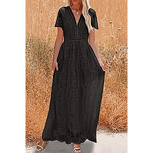 PRETTYGARDEN Women's Floral Lace Maxi Dress 2023 Short Sleeve V Neck Bridesmaid Wedding Evening Party Dresses(Black,X-Large)