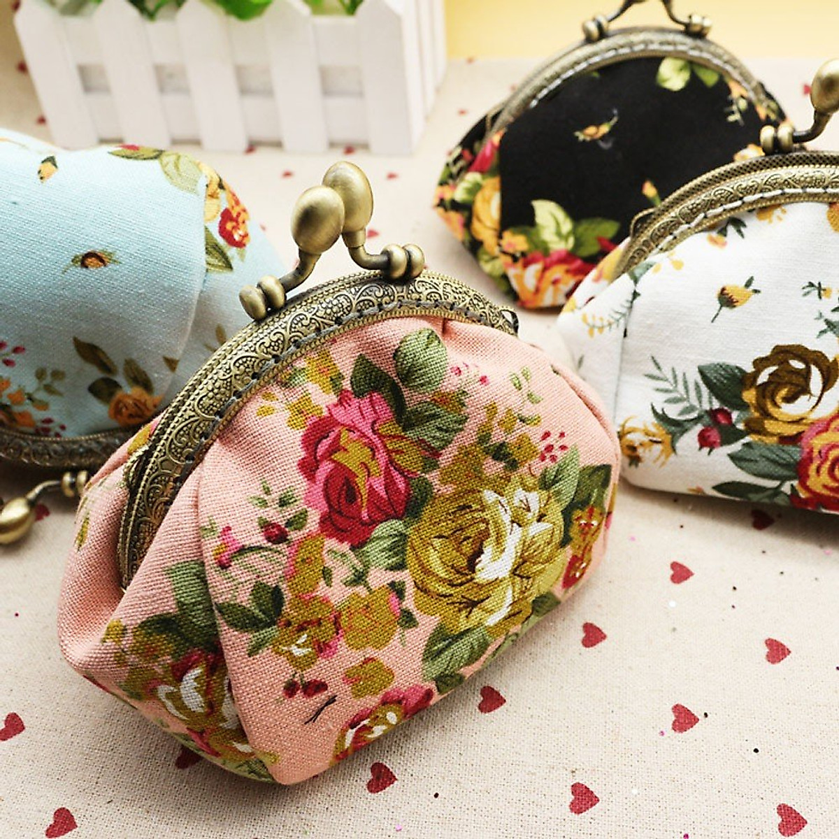 Coin Purse,Lady Vintage Floral Mini Wallet Clasp Closure Classic Rose Pattern Clutch Bag (Pink)