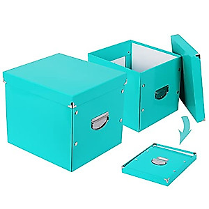 2 Pack Large Storage Box with Lid 35 Liter Collapsible Storage Cube Decorative Memory Box Cardboard Storage File Box with Handles Home Office Organizer Box for Desk Cloth Toy Keepsake Photo (Mint)