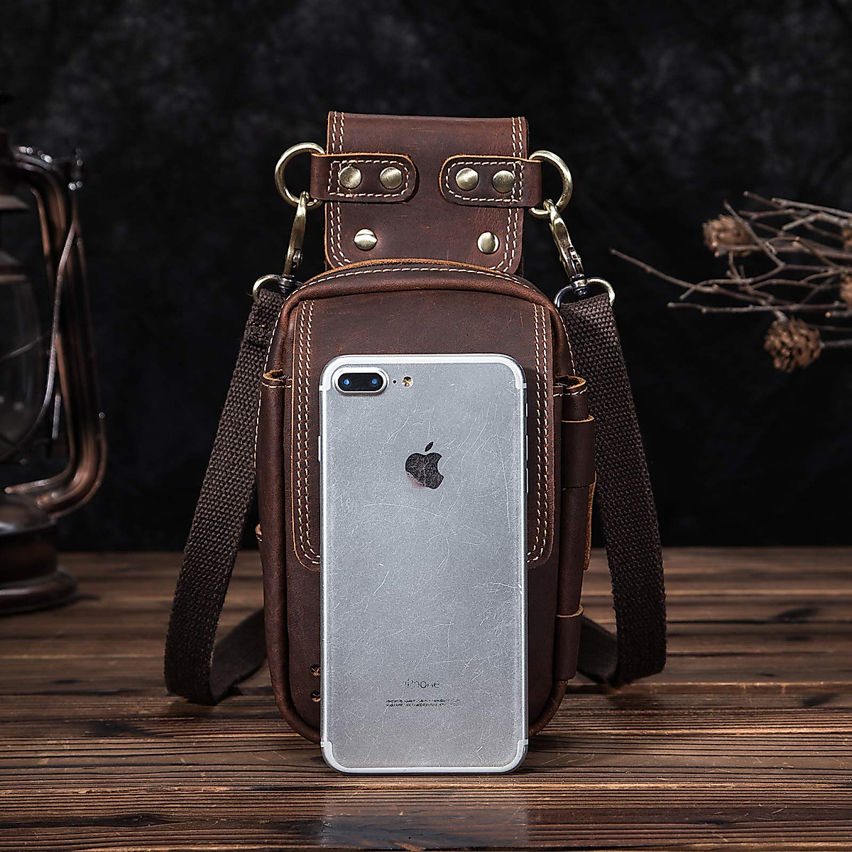 Le'aokuu Mens Genuine Leather Coffee Fanny Small Messenger Shoulder Satchel Waist Bag Pack (V832 DB)