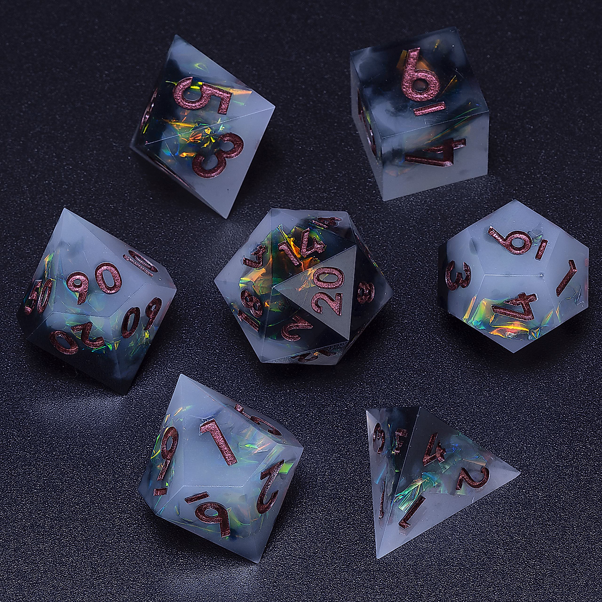 DND Dice Sharp Edge Dice Polyhedral Dice Mini Planet Dice Dungeons and Dragons Dice Handmade Dice Set Peachy Galaxy (Dark Knight)