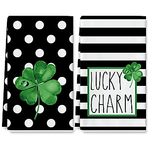 AnyDesign St. Patrick's Day Kitchen Towel Lucky Shamrock Clover Dish Towel White Black Stripes Dots Hand Drying Tea Towel for Cooking Baking Cleaning Wipes, 18 x 28 Inch, Set of 2