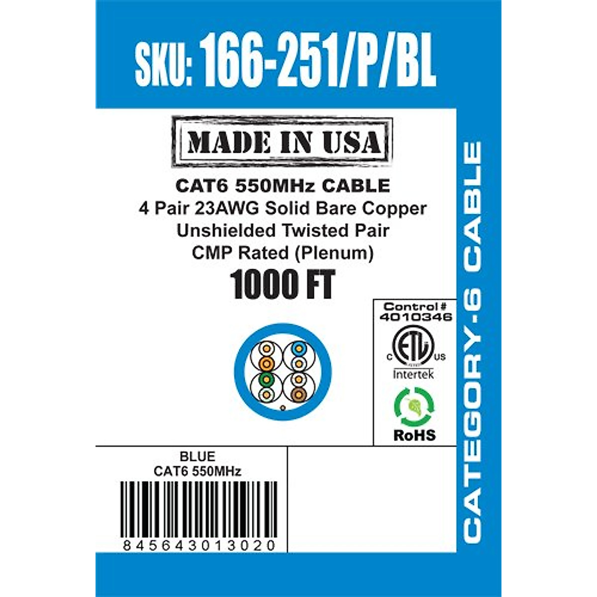 Vertical Cable CAT6, 550 MHz, UTP, 23AWG, 8C Solid Bare Copper, Plenum, 1000ft, Bulk Ethernet Cable - Made in USA, Blue