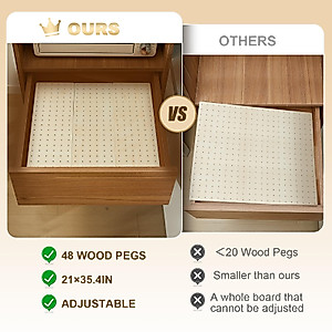 Kigley 6 Pcs Wood Pegboard Drawer Organizer with 48 Pegs Wood Peg Board System Peg Drawer Organizers for Dishes Drawer Plate Organizer Kitchen Pegboard for Food Containers (Wood,20.98x5.91)
