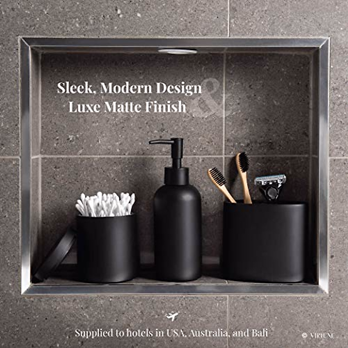 Premium 5 Pcs Matte Black Bathroom Accessories Set Complete. Bathroom Soap Dispenser Set. Black Bathroom Decor Sets Accessories. Bathroom Toothbrush Holder Set. Bathroom Sets Accessories (Black)