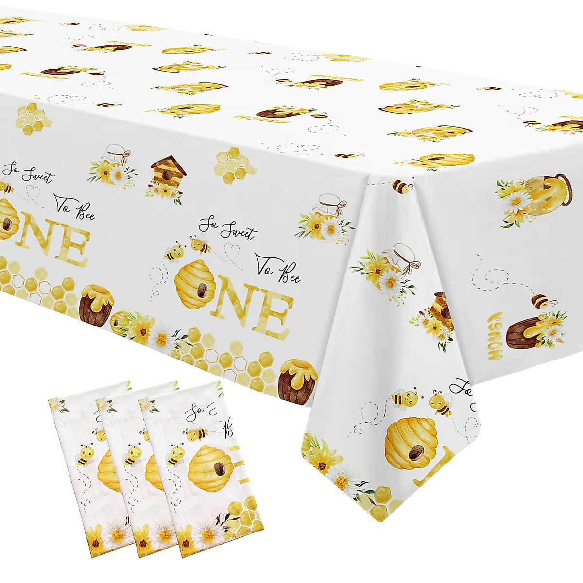 APOWBLS Bee 1st Birthday Party Decorations Tablecloth - Disposable Bumble Bee Frist Birthday Supplies Table Cover, Bee Table Decorations for One-Year-Old Birthday Table Cloth - 3 Pack (54in x 108in)