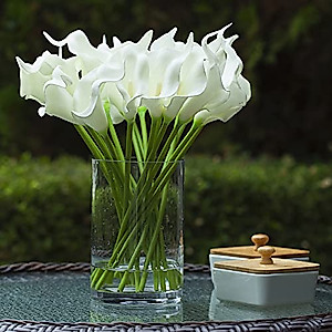 ENOVA FLORAL 20 Pieces Real Touch Lilies Artificial Flowers with Vase, Faux Calla Lily Flowers Arrangement with Faux Water in Glass Vase for Dining Table Decor, Wedding Centerpieces (White)