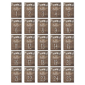 Hadley Designs 1-25 Rustic Wood Lights Table Number Double Sided Signs For Wedding Reception, Restaurant, Birthday Party Calligraphy Printed Numbered Card Centerpiece Reusable Frame Stand 4x6 Size