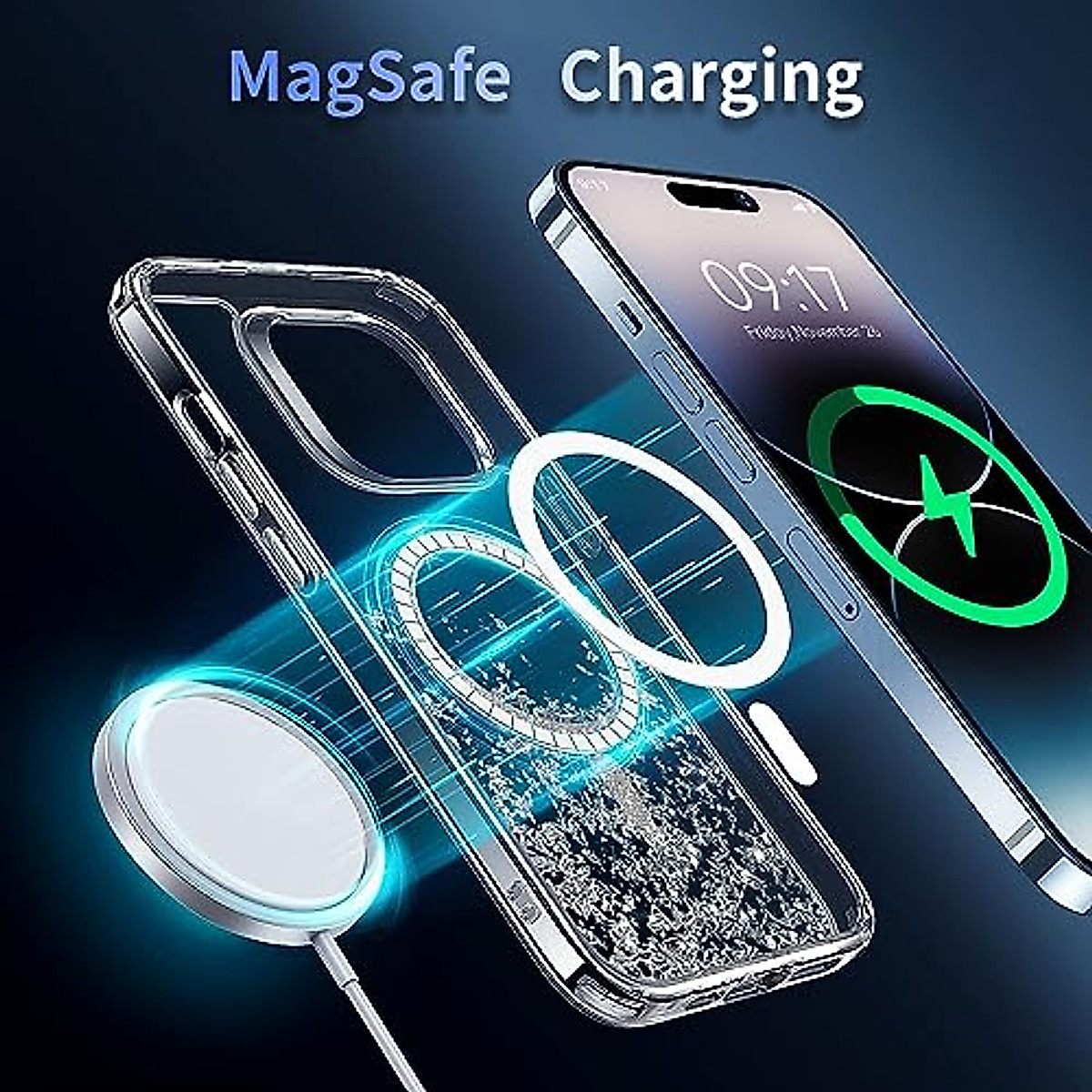 YAKGWERC【Bling Magnetic Ring Design Magnetic Glitter Case for iPhone 13 Pro Max [Compatible with MagSafe] [3-D Craft Glitter] Sparkly Cover for Women Girls, Clear Shockproof Silicone Bumper - Silver
