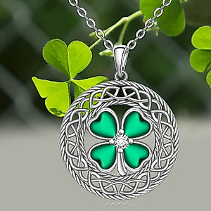 Shamrock Necklace St Patricks Day Necklace Four Leaf Clover Necklace for Women Sterling Silver Celtic Knot Irish Green 4 Leaf Clover Necklaces Jewelry Pendant Lucky Saint Patricks Gifts