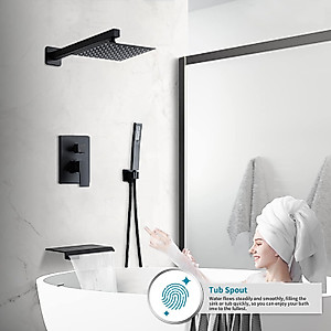 RTTWYYUU Matte Black Shower Faucet Set with Tub Spout 10 Inch, Shower Head and Handle with 2 Hooks, Tub and Shower Faucet Combo, Rain Shower and Handheld Shower System Square Wall Mount for Bathroom