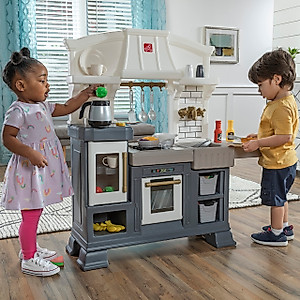 Step2 Gilded Gourmet Kitchen Playset for Kids, Indoor/Outdoor Play Kitchen Set, Toddlers 2+ Years Old, 20+ Piece Kitchen Toy Set, Easy to Assemble, White, Blue, Gray