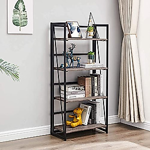 Coavas Folding Bookshelf Home Office Industrial Bookcase No Assembly Storage Shelves Vintage 4 Tiers Flower Stand Rustic Metal Book Rack Organizer, 23.6 X 11.8 X 49.4 Inches