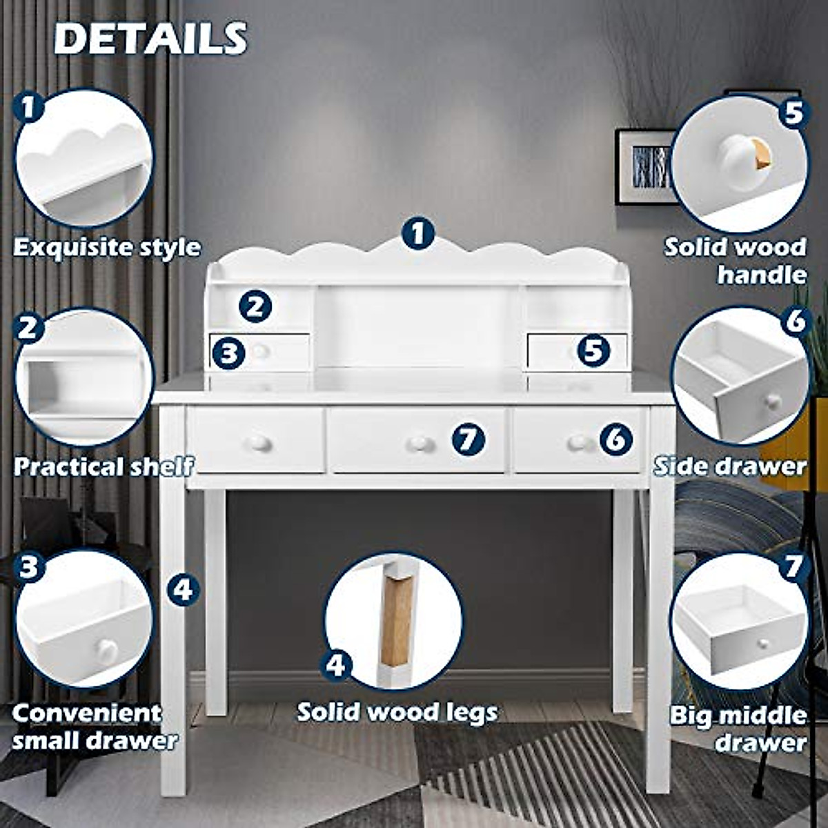 FUNKOCO Home Office Furniture Writing Desk,Computer Work Station with Detachable Hutch,5 Drawers(White)