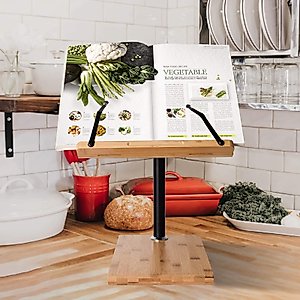 wishacc Book Stand Height Adjustable - Upright Bamboo Book Stand & Holder for Reading Hands Free, Desktop Adjustable Reading Height and Angle Book Rest with Page Clips (11.0 x 8.1 inches)