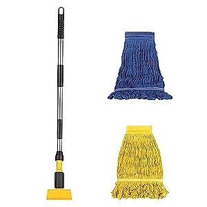 AKOLAFE Industrial Mop 3-Section Commercial Mop with 2Pcs Looped-End Mop Heads Floor Mop with Detachable Handle Clamp Cotton String Mops for Floor Cleaning Hardwood Marble Tile Laminate (Blue&Yellow)
