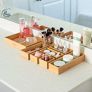 Grow Forward Bamboo Drawer Organizer Boxes - Set of 14 Wooden Drawer Organizers for Kitchen, Bathroom, Office, Desk, Vanity, Makeup - Non-Slip Junk Drawer Organizer Trays for Storage and Organization