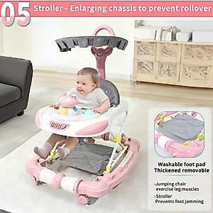 Dingdong Baby Walker - 4 in 1 Baby Walker with Wheels, Variable Rocking Horse, Walker for Baby Girl Adjustable Height (8-17in) and Width, Baby Walkers for Girls, Foot Pads/Handles, Portable Foldable