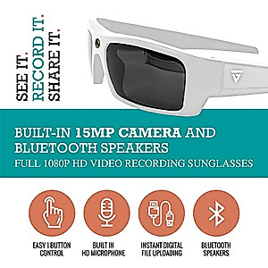 GoVision SOL 1080p HD Camera Glasses Video Recording Sport Sunglasses with Bluetooth Speakers and 15mp Camera - White
