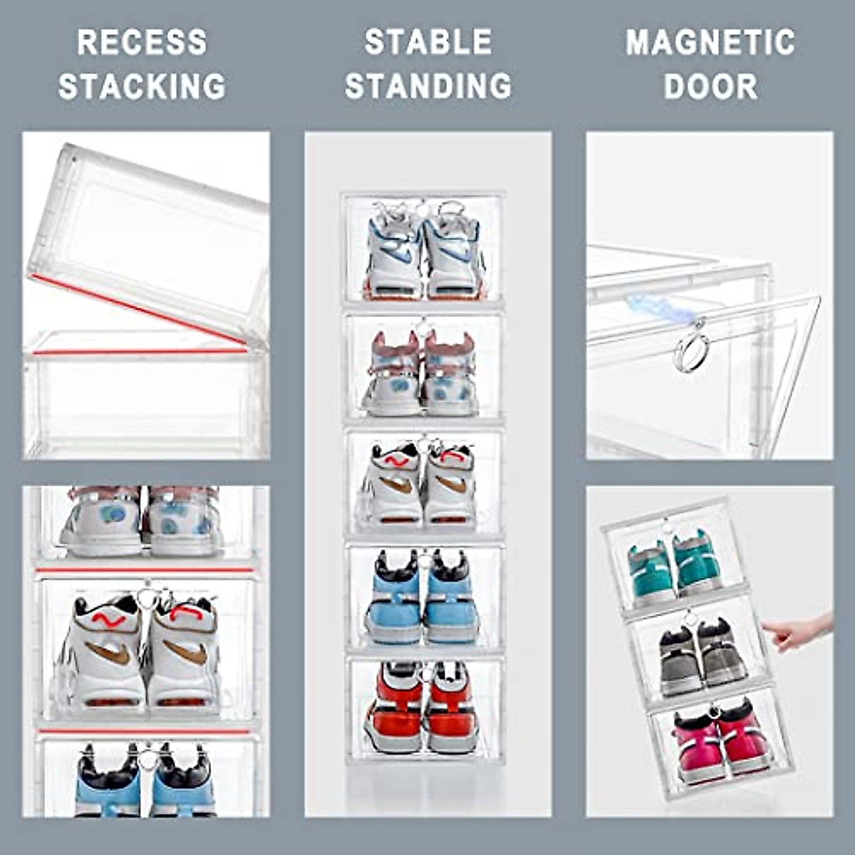 BYFU Shoe Box Drop Front Set of 6, Plastic Stackable Shoe Storage Boxes with Lids, Sneaker Display Case Shoe Organizer Bins for Closet, Easy Assembly (Dark Grey)