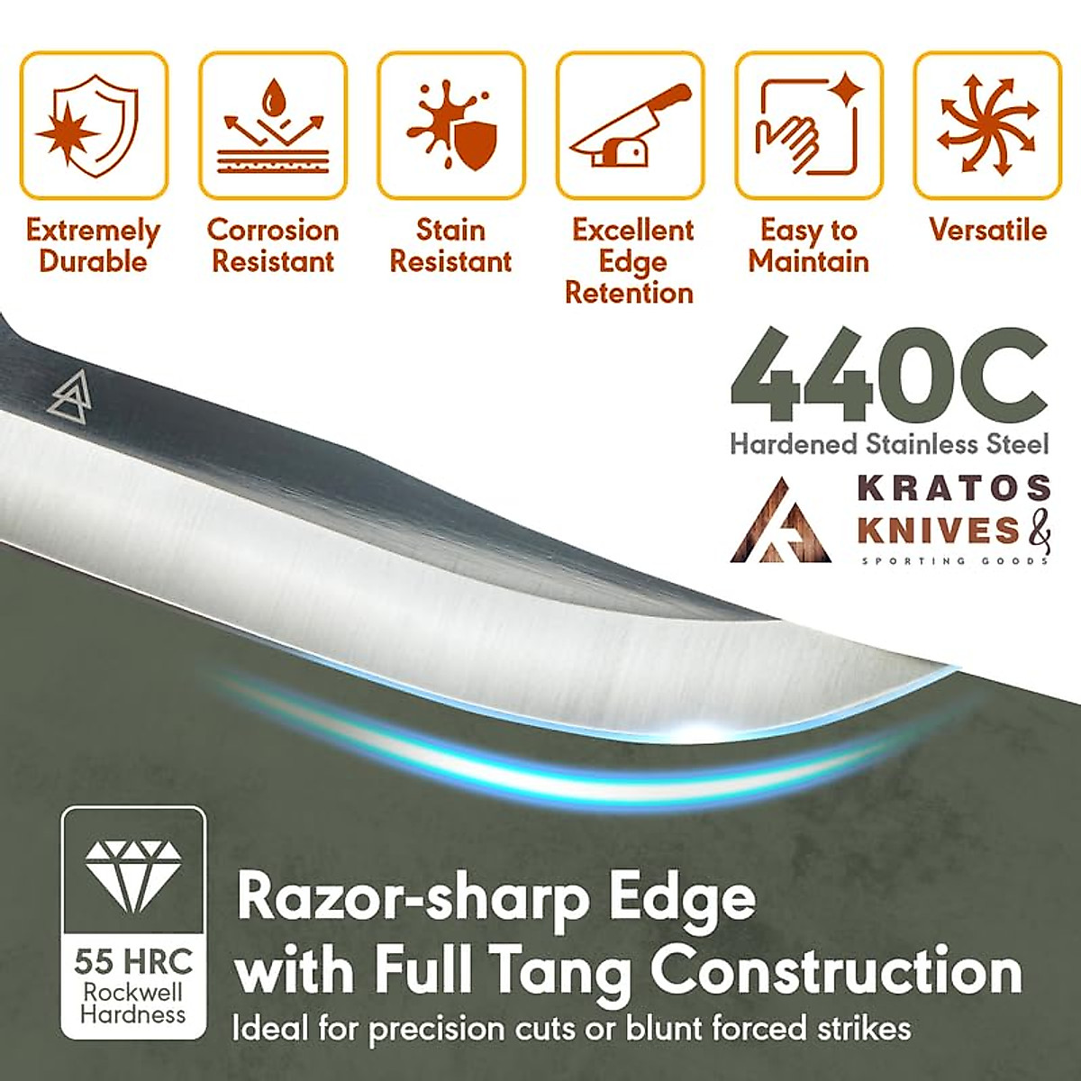 KRATOS Hunting Knife with Nylon Sheath, 10" Fixed Blade Full Tang Knife with 440C Hardened Stainless Steel & Solid Metal Handle for Bushcraft ZF2