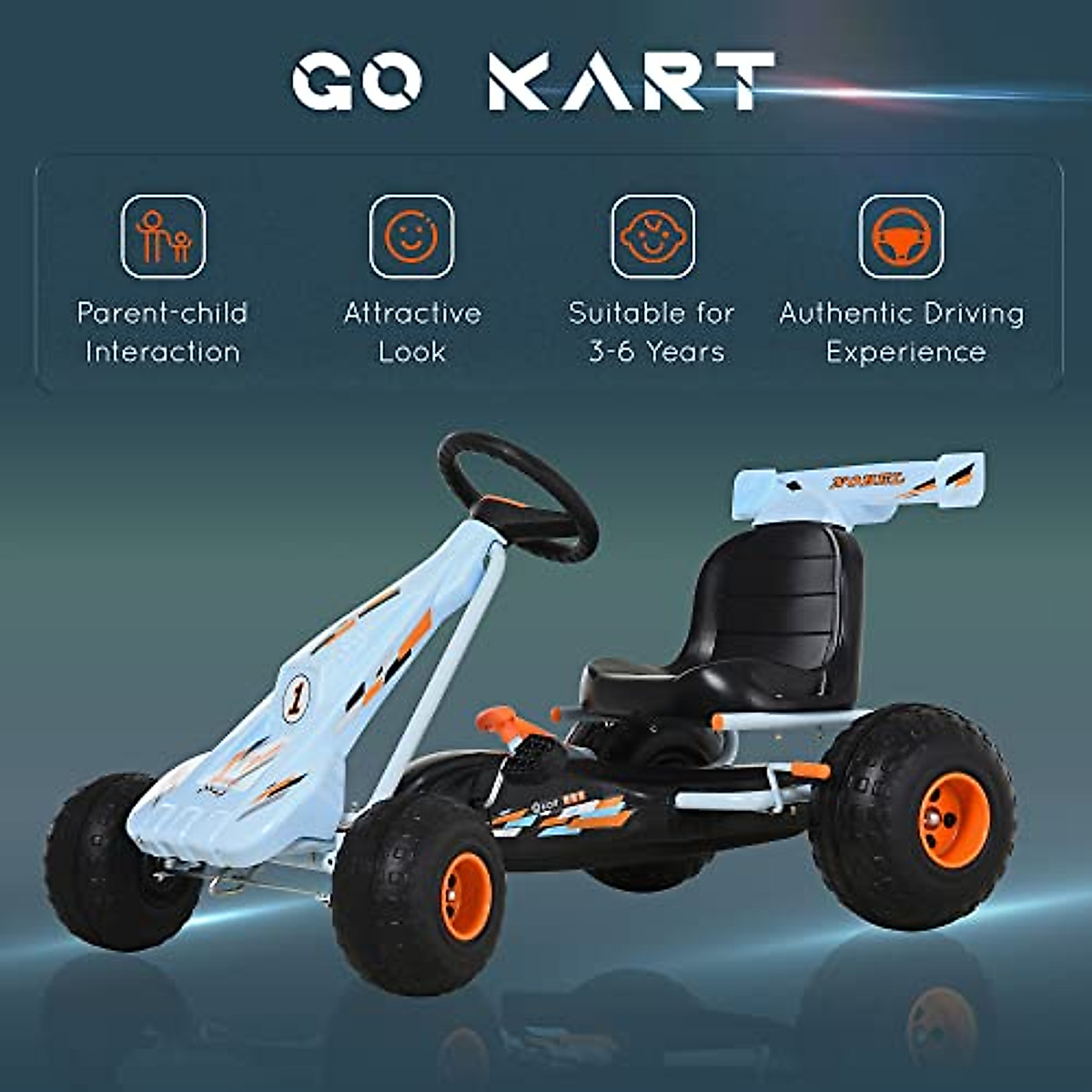 Aosom Pedal Go Kart Children Ride on Car Cute Style with Adjustable Seat, Plastic Wheels, Handbrake and Shift Lever, Light Blue
