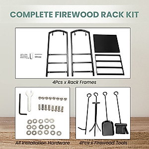 HECASA 29" Firewood Log Rack with 4 Fire Place Tools Fireplace Tool Rack Indoor Outer Wood Holders Firewood Storage Rack with Poker Hook Shovel Duster