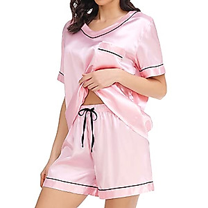 SWOMOG Womens Short Sleeve Satin Pajama Set Silk Pjs Lounge Set V Neck Two Piece Loungewear Sets Cute Cozy Sleepwear Rose Pink