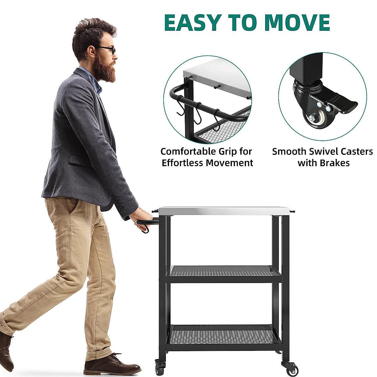 YITAHOME Outdoor Grill Cart Table Patio Food Prep and Work Cart Table Three-Shelf Stainless Steel Flattop Outdoor Cooking Prep Table with Wheels