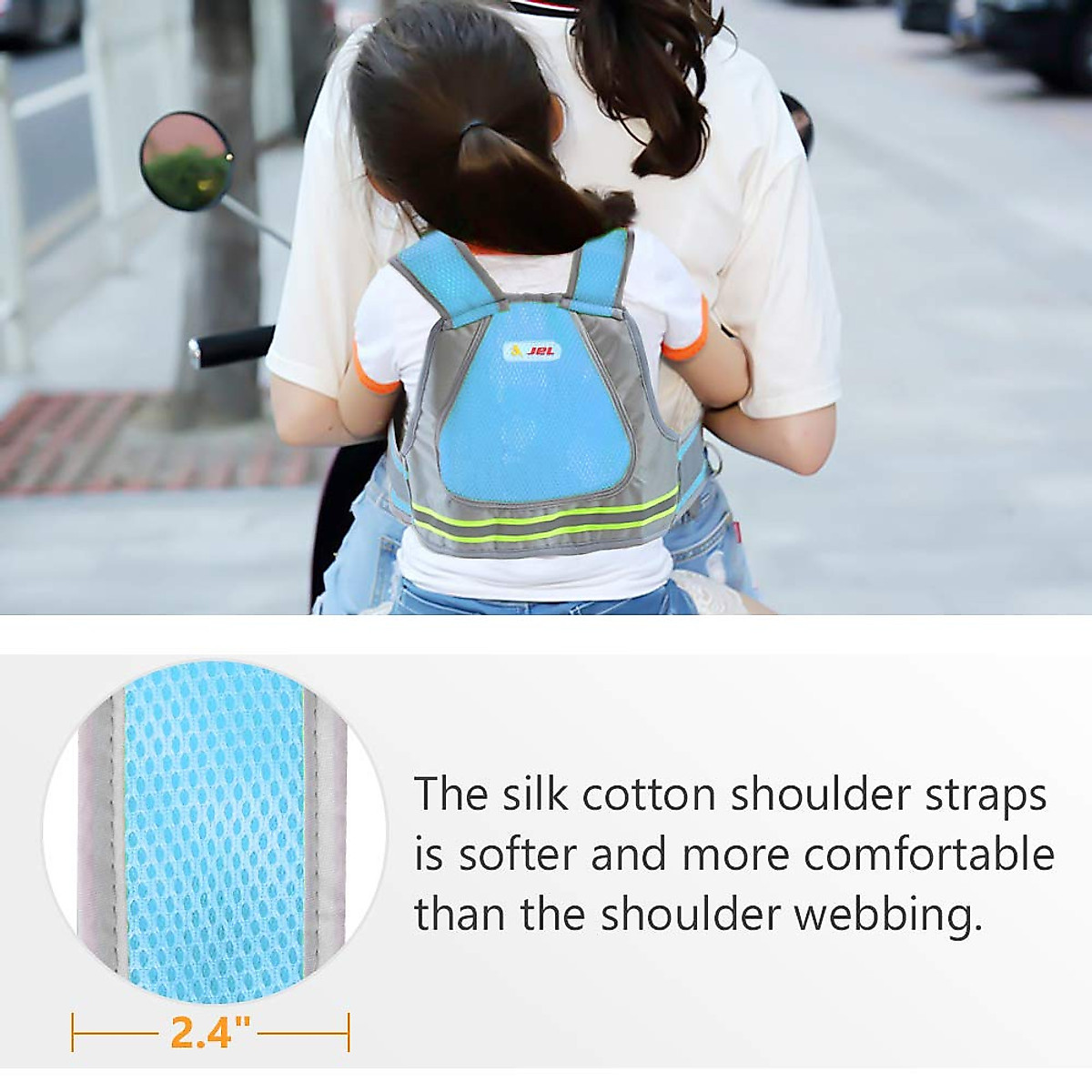 Jolik Child Motorcycle Safety Harness Reflective Strip with 4-in-1 Buckle, Breathable Material - Blue