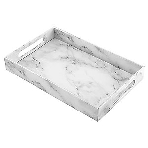 Lewondr Serving Tray with Wide Handles, PU Leather Ottoman Cofee Table Serving Tray, 14.96"x9.45"x1.97" Decorative Tray for Perfume Cosmetic Jewelry Key, Countertop Storage Organizer - Marble White