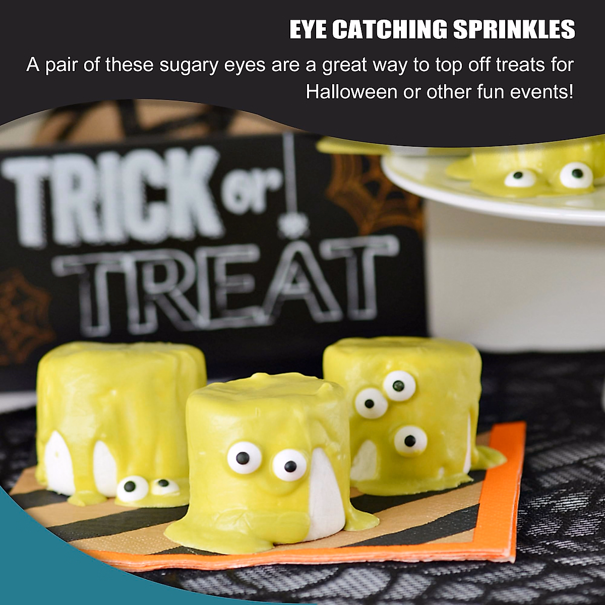 Spooky Eye Toppers - 4 oz Resealable Stand Up Candy Bag - Edible Baking Decorations - Funny White Googly Eyes for Cupcakes, Cakes, Cookies, Brownies - Halloween, Easter, and Edible Art Project Candy