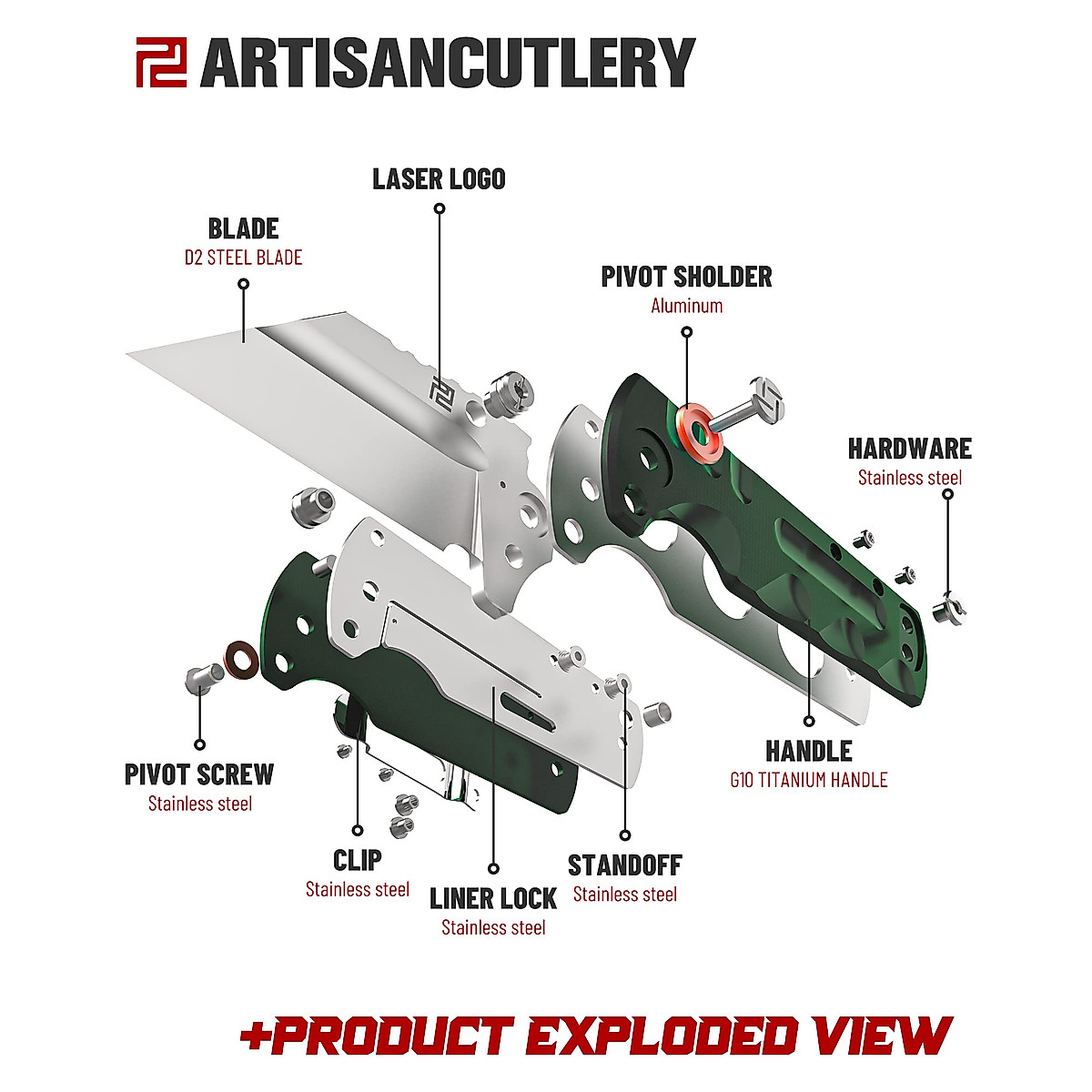 ARTISANCUTLERY Tactical Knife Proponent Folding Knife D2 Steel Blade with G10 Handle Fixed Blade EDC Knife for Hunting,Camping and Outdoor 1820P Green