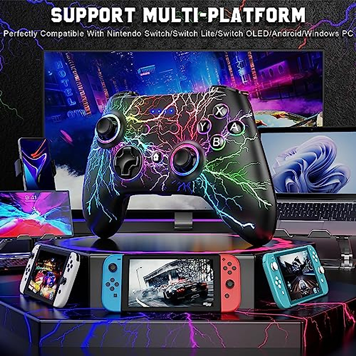 Forlleco Switch Controller, Wireless Switch Pro Controller for Switch/Switch Lite/Switch OLED/PC, Nintendo Switch Controller with Cool LED Light, Vibration, Gyro Axis, Adjustable Turbo and Wake Up