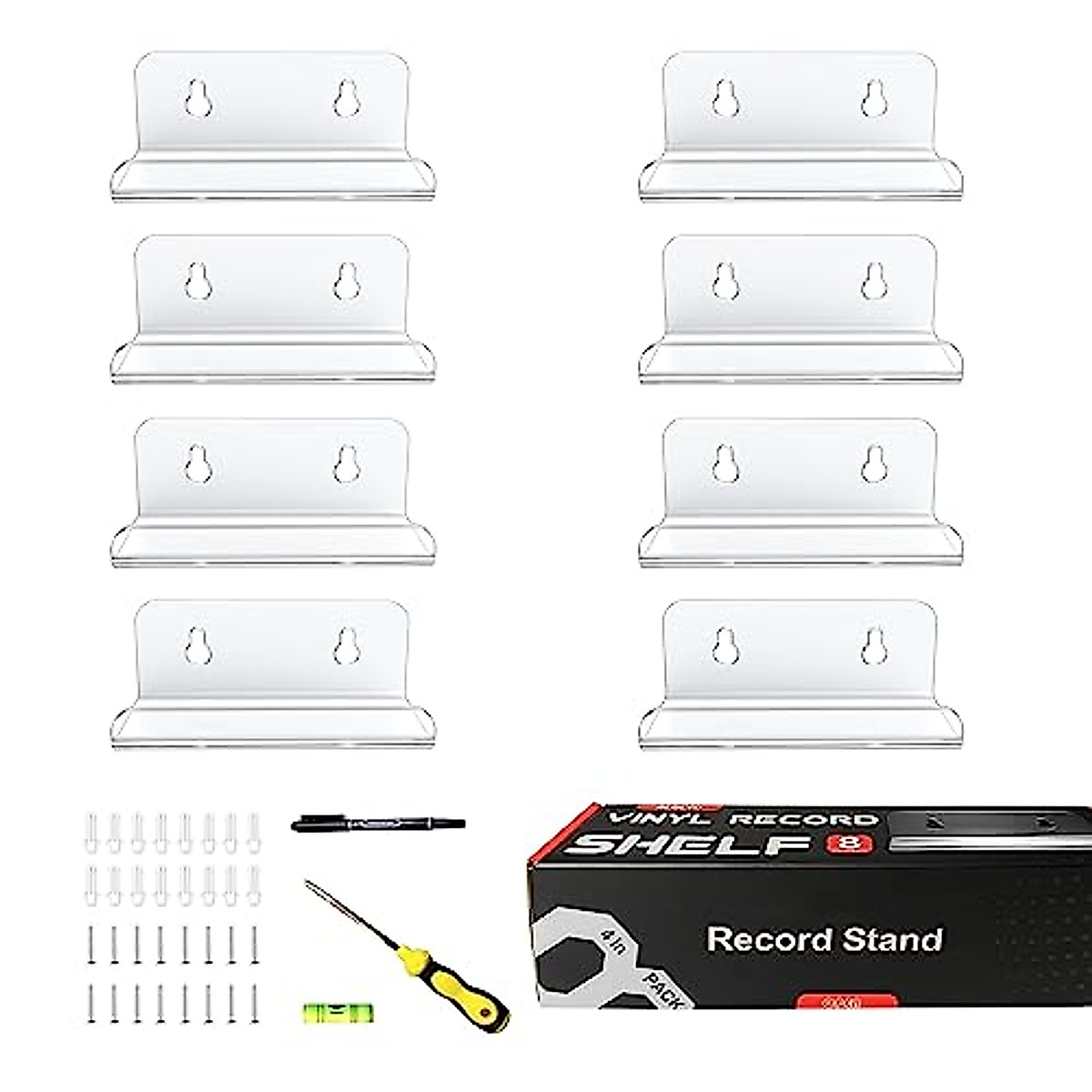 BLOLYO Clear Vinyl Record Shelf Wall Mount 8 Pack,Acrylic Album Record Holder Display,Vinyl Record Shelf Stand and Wall Mount Display,Acrylic Record Frame Show Your Favorite LP(Clear)