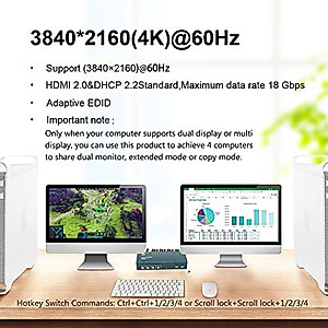 GREATHTEK KVM Switch HDMI Dual Monitor Extended Display 4 Port,USB2.0, Hotkey Switch, UHD 4K@60Hz Resolution YUV4:4:4 Downward Compatible, 4 in 2 Out, with All Needed Cables