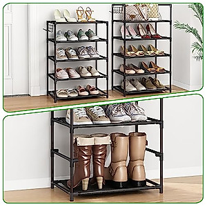 Fixwal 10 Tiers Shoe Rack, Tall Shoe Storage Shelf for 20-24 Pairs of Shoes and Boots, Sturdy Shoe Organizer for Close, Narrow Shoe Shelf with Hooks for Entryway Bedroom Hallway (Black)