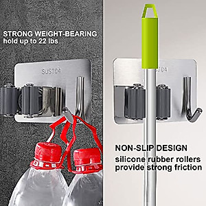 PMIIO Self Adhesive Broom Hanger Gripper, SUS304 Stainless Steel, 4 Pack Wall Mounted Heavy Duty with Hooks Hanger, for Bathroom, Kitchen, Garage Laundry Room Storage - Silver