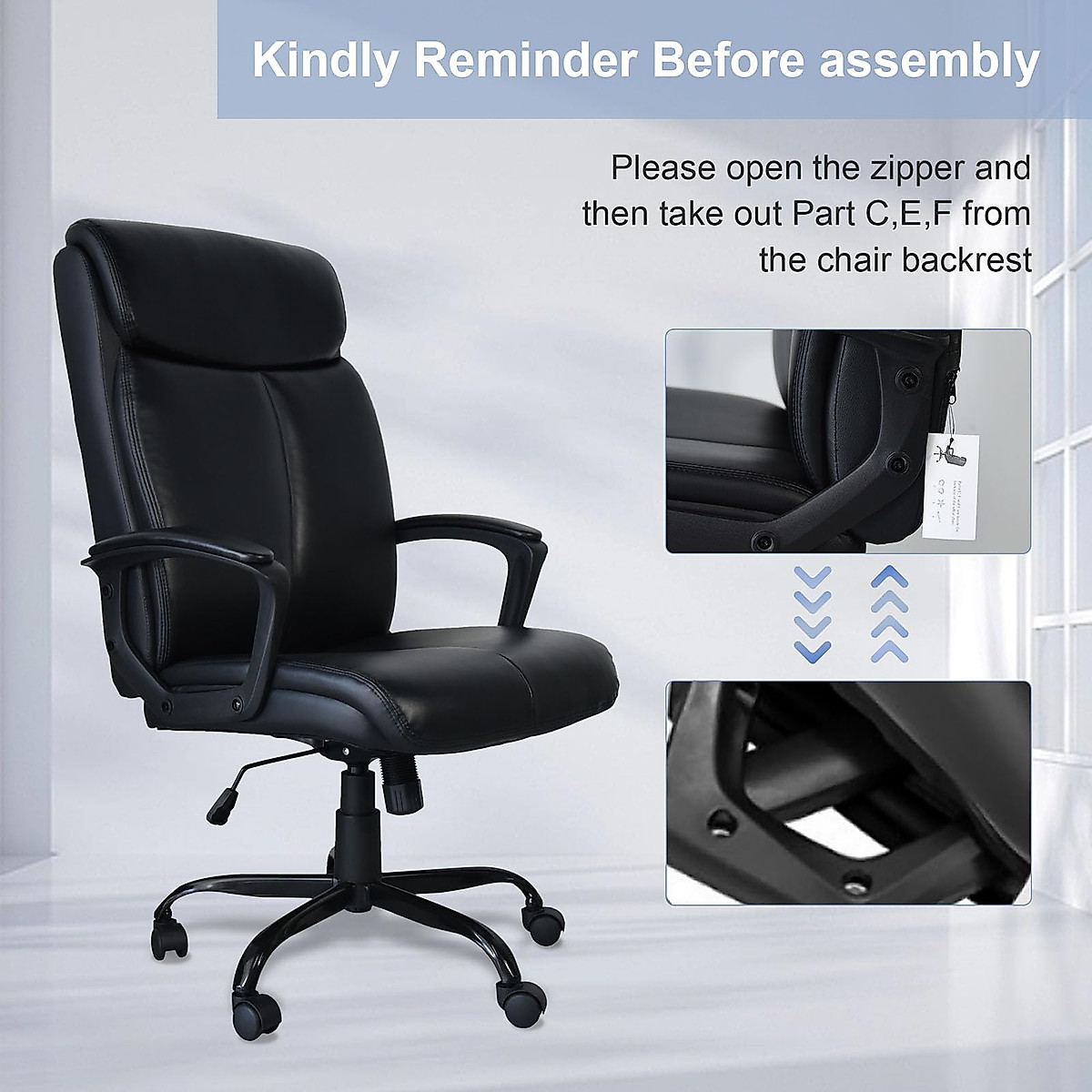 HForesty Executive Office Chair, High Back Computer Desk Chair, PU Leather Adjustable Height Task Chair with Tension Controller Device, 300LBS Weight Capacity, Black