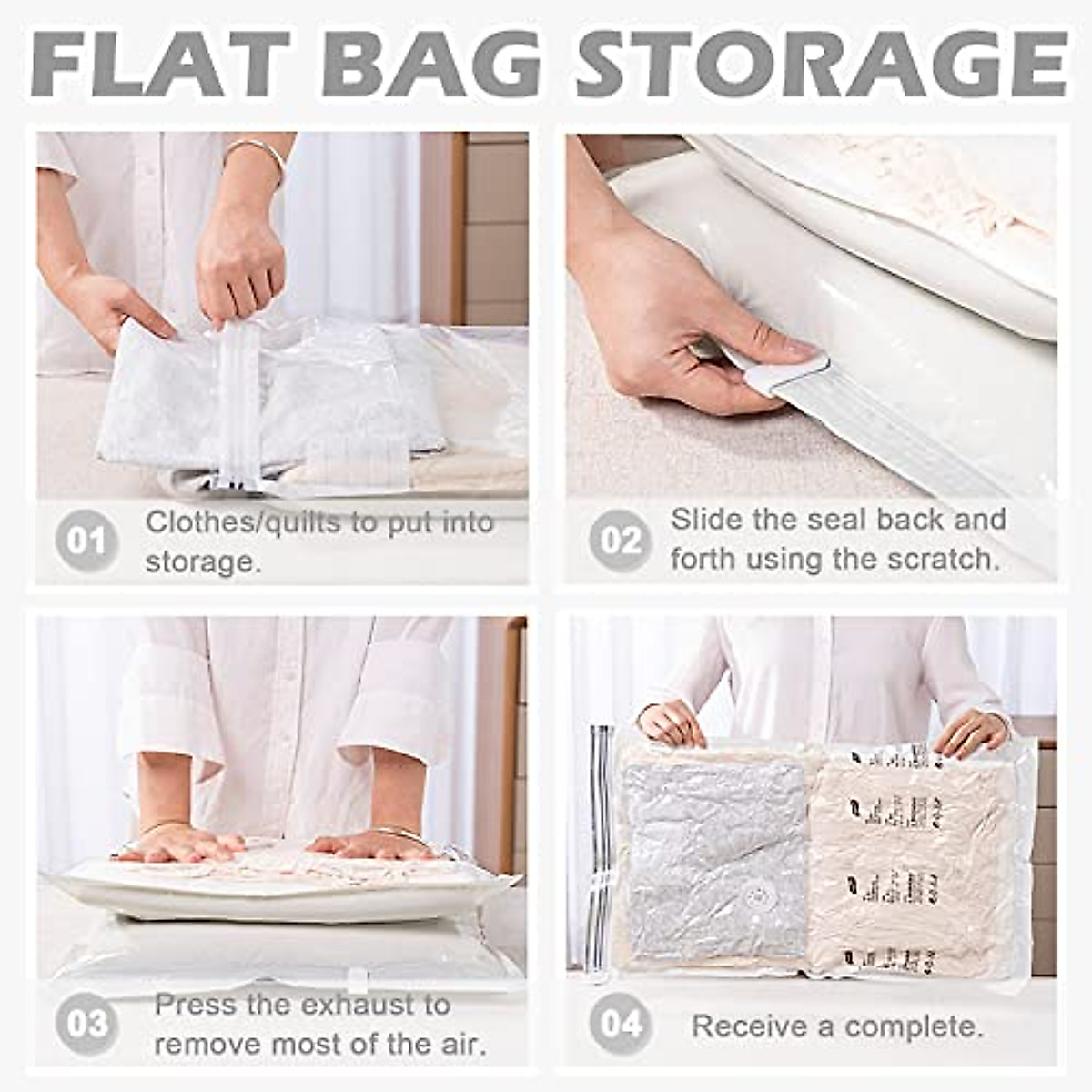 Vacuum Storage Bags No Pump Needed, Vacuum Seal Blanket Storage, Reusable Travel Space Compression Bags for Clothes Pillows Comforters Packing (3 Pack (1 S, 1 M, 1 L))