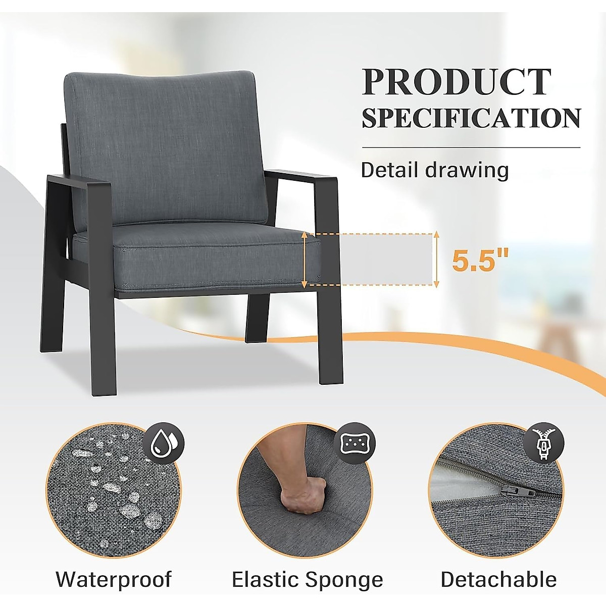 knocetx Aluminum Patio Furniture Set, 4 Pieces Modern Patio Conversation Sets Outdoor Patio Furniture Set with 5.5 Inch Cushions for Patio, Balcony, Backyard, Poolside, Deck,Gray