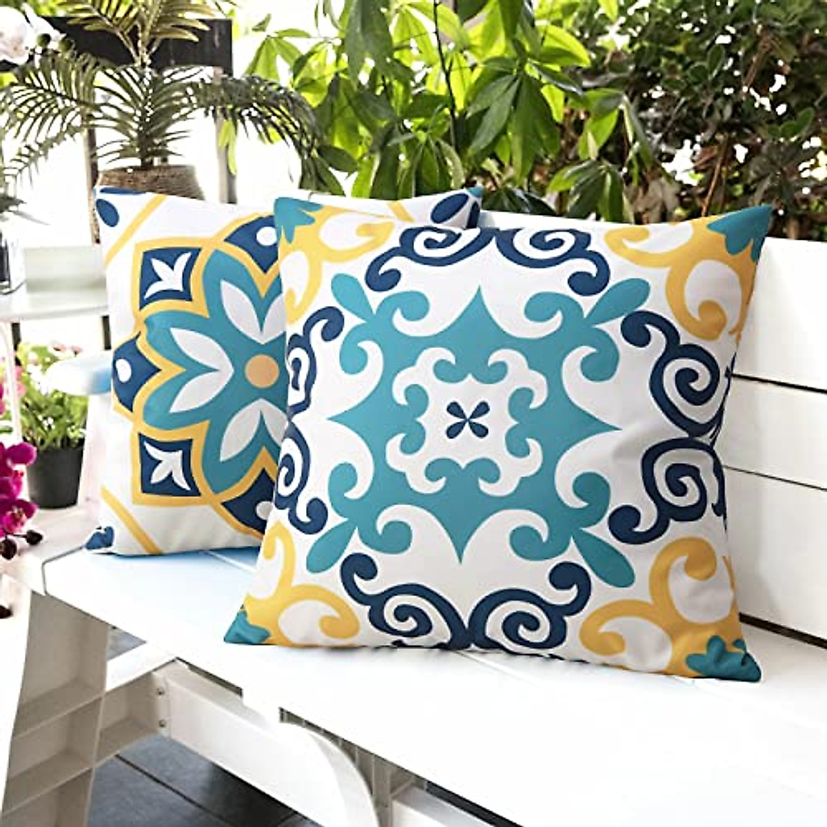 cygnus Outdoor Waterproof Throw Pillow Covers 18x18 Inch Set of 4 Boho Decorative Floral Covers for Patio Furniture Porch (18 * 18inch/45 * 45cm,Teal and Yellow)