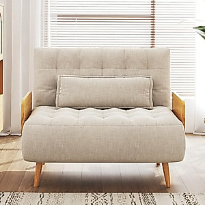 JASIWAY 3-in-1 Convertible Chair Bed Sleeper for Adults, Linen Convertable Sleeper Chair with Wooden Arms & Pillows, Foldable Single Futon Sofa Bed for Small Spaces, Mid Century, 76.6" D x 36.6" W